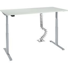 Schreibtisch, elektrisch h&ouml;henverstellbar, T-Fu&szlig;, H 620-1270 mm, lichtgrau/wei&szlig;aluminium + Memory-Bedienelement und Gratis Kabelschlange Quadro