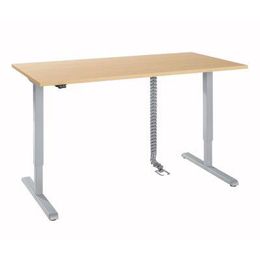 Schreibtisch, elektrisch h&ouml;henverstellbar, inkl. Kabelkette & Kabelkanal, Rechteck, T-Fu&szlig;, B 1600 x T 800 x H 715-1205 mm, Ahorn/wei&szlig;aluminium