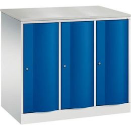 C+P Garderobenschrank Resisto, 3 Abteile, 3 F&auml;cher, B 1148 x T 640 x H 1077 mm, Lichtgrau/Enzianblau