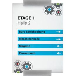 moedel MONACO Wegweiser, DIN A4, ESG-Glasscheiben, Aluminiumadapter, individuell beschriftbar, Schraub-/Klebemontage, B 210 x H 297 mm, alusilber
