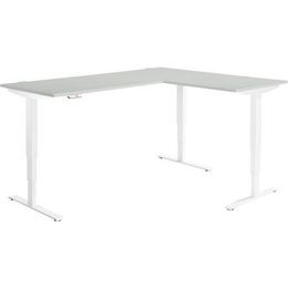 Sch&auml;fer Shop Winkelschreibtisch AERO FLEX, elektrisch h&ouml;henverstellbar, 90&deg; Winkel, T-Fu&szlig;, B 2000 x T 1600 mm, lichtgrau/wei&szlig; + Memorypanel