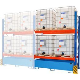 BAUER Umwelt-Anbauregal UR-A 2200-2, Palettenregal, B 2300 x T 1300 x H 3000 mm, f&uuml;r max. 4 IBC, Auffangwanne 1000 l, lichtblau/verkehrsblau/reinorange
