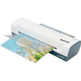 Leitz Laminierger&auml;t iLAM Home A4 EU, bis A4, f&uuml;r Folien mit St&auml;rke 75-125 &micro;m, 300 mm/min, inkl. Folien-Starterkit, wei&szlig;-grau