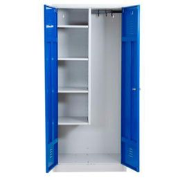 Putzmittelschrank, B 800 mm, 4 B&ouml;den, verk&uuml;rzte Mitteltrennwand, abschlie&szlig;bar, enzianblau RAL 5010/l.grau RAL 7035