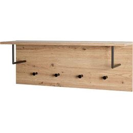 Wandgarderobe HAKU, 4 Haken mit jeweils 3 kg Tragkraft, Kleiderstangen, Hutablage, B 800 x T 200 x H 300 mm, Holz/Metall, helles Eiche-Dekor/schwarz