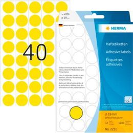 Herma Klebepunkte 2251, &Oslash; 19 mm, selbstklebend, permanenthaftend, per Hand beschreibbar, 1280 St&uuml;ck auf 32 Blatt, FSC&reg;-Papier, gelb