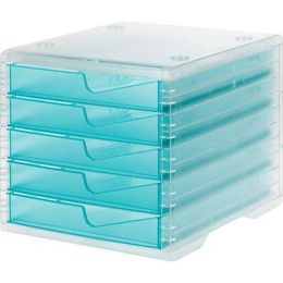 Schubladenbox Styro&reg; Styroswing light, 5 Sch&uuml;be, Auszugsperre & Griffmulde, stapelbar, B 270 x T 340 x H 255 mm, PolyStyrol, transparent-aqua