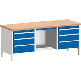 Bott Werkb&auml;nke Cubio, Rotbuchenholz-Arbeitsplatte, B 2000 x T 750 x H 840 mm, Tragkraft 1250 kg, enzianblau/lichtgrau