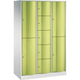 C+P Kombi-Schlie&szlig;fachschrank Resisto, 3 Abteile, 9 F&auml;cher, B 1148 x T 540 x H 1950 mm, Lichtgrau/Clowngr&uuml;n