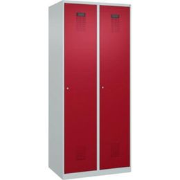 Kleiderspind C+P Evolo Plus, 2 Abteile, 400 mm breit, Zylinderschloss, Soft-Anschlag, B 800 x T 500 x H 1850 mm, lichtgrau/rubinrot