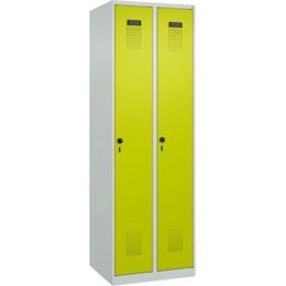 Kleiderspind C+P Evolo Plus, 2 Abteile, Anschlag rechts, Sicherheits-Drehriegel, Soft-Anschlag, B 600 x T 500 x H 1850 mm, lichtgrau/clowngr&uuml;n