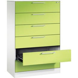 Karteikartenschrank, 3-bahnig DIN A5 quer, 6 Sch&uuml;be mit Vollauszug & B&uuml;gelgriffen, Zentralverschluss, B 800 x T 435 x H 1298 mm, wei&szlig;/viridingr&uuml;n