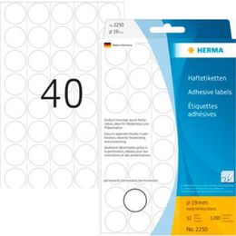 Herma Klebepunkte 2250, &Oslash; 19 mm, selbstklebend, permanenthaftend, per Hand beschreibbar, 1280 St&uuml;ck auf 32 Blatt, FSC&reg;-Papier, wei&szlig;