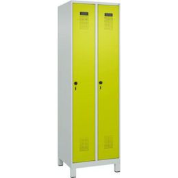Kleiderspind C+P Evolo Plus, 2 Abteile, 300 mm breit, mit F&uuml;&szlig;en, Sicherheits-Drehriegel, B 600 x T 500 x H 1950 mm, lichtgrau/clowngr&uuml;n