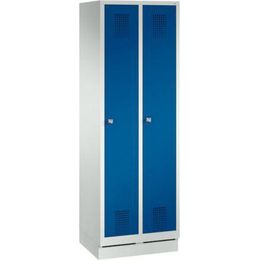 Garderobenspind Evolo S 3000, mit Sockel, 2 Abteile, Zylinderschloss, lichtgrau RAL 7035/enzianblau RAL 5010
