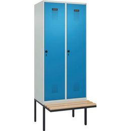 Kleiderspind C+P Evolo Plus, 2 Abteile &agrave; 400 mm Breite, schwebende Sitzbank, B 800 x T 815 x H 2120 mm, Drehriegel, lichtgrau/lichtblau