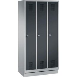 Kleiderspind Evolo S 3000, 3 Abteile, Stahl, Sockelh&ouml;he 100 mm, Zylinderschloss, wei&szlig;aluminium/anthrazit