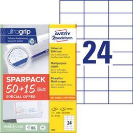 Avery Zweckform Etiketten 6605, universal, ultragrip, geeignet f&uuml;r Inkjet- & Laserdrucker, 70 x 37 mm, 1560 St&uuml;ck/65 A4-Bogen, FSC&reg;-Papier, wei&szlig;