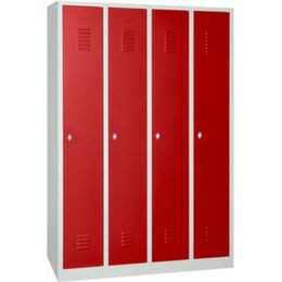 Kleiderspind, 4 T&uuml;ren, B 1170 x H 1800 mm, Drehriegelverschluss, lichtgrau/feuerrot