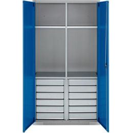 Sch&auml;fer Shop Sch&auml;fer Shop Genius Materialschrank FS, 5 OH, abschlie&szlig;bar, 4 Fachb&ouml;den/12 Sch&uuml;be, bis 450 kg, B 1055 x T 520 x H 1950 mm, Stahl, wei&szlig;alu/enzianblau
