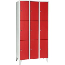 Wertfachschrank 300 mm, 3 Abteile, 9 F&auml;cher, Sicherheitszylinderschloss, Fu&szlig;, feuerrot