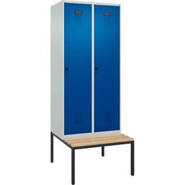 Kleiderspind C+P Evolo Plus, 2 Abteile, 400 mm Abteilbreite, mit untergebauter Sitzbank, B 800 x T 815 x H 2120 mm, Drehriegel, lichtgrau/enzianblau