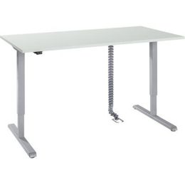 Schreibtisch, elektrisch h&ouml;henverstellbar, inkl. Kabelkette & Kabelkanal, Rechteck, T-Fu&szlig;, B 1600 x T 800 x H 715-1205 mm, lichtgrau/wei&szlig;aluminium