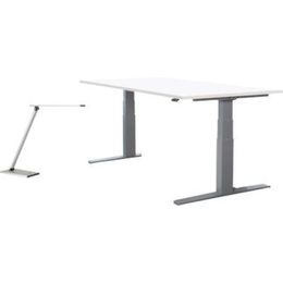 2 tlg. B&uuml;rom&ouml;bel-Set, Schreibtisch Login, elektrisch h&ouml;henverstellbar, B 1600 mm, wei&szlig;/wei&szlig;aluminium + LED-Tischleuchte Terra