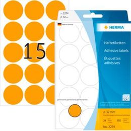 Herma Klebepunkte 2274, &Oslash; 32 mm, selbstklebend, permanenthaftend, per Hand beschreibbar, 360 St&uuml;ck auf 24 Blatt, FSC&reg;-Papier, leuchtorange
