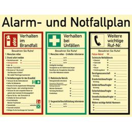 moedel Hinweisschild &bdquo;Alarm- und Notfallplan&ldquo;, 3-spaltig, EN ISO 7010, Leuchtklasse B, 52 mcd/m&sup2;, L 480 x B 620 mm, Kunststoff, mehrfarbig