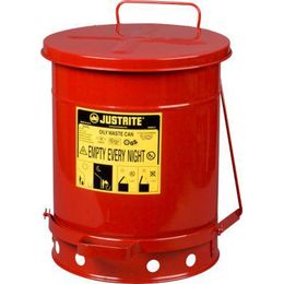 Justrite Sicherheitsbeh&auml;lter, selbstschlie&szlig;ender Deckel, Bodenrand mit &Ouml;ffnungen, mit Fu&szlig;pedal, Stahlblech, &Oslash; 350 x H 460 mm, 34 l, rot
