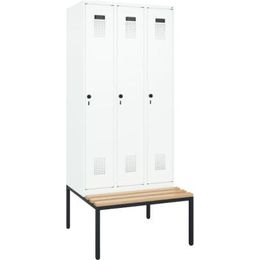 Kleiderspind C+P Evolo Plus, 3 Abteile, 300 mm Abteilbreite, mit untergebauter Sitzbank, B 900 x T 815 x H 2120 mm, Drehriegel, verkehrswei&szlig;/verkehrswei&szlig;