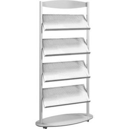 Prospektst&auml;nder sirius, 4 Etagen, Beschriftungsfl&auml;che, mit optional montierbaren Rollen, B 800 x T 330 x H 1850 mm, Stahl, alusilber