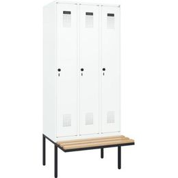 Kleiderspind C+P Evolo Plus, 3 Abteile &agrave; 300 mm Breite, schwebende Sitzbank, B 900 x T 815 x H 2120 mm, Drehriegel, verkehrswei&szlig;/verkehrswei&szlig;