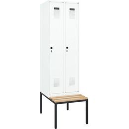 Kleiderspind C+P Evolo Plus, 2 Abteile mit je 300 mm Breite, Unterbau-Sitzbank, B 600 x T 815 x H 2120 mm, Drehriegel, verkehrswei&szlig;/verkehrswei&szlig;