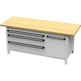Otto Kind Breitfachwerkbank Typ 435, Buche Multiplexplatte, &uuml;berstehend, bis 1400 kg, B 2004 x T 750 x H 850 mm, Stahl, Zentralverschluss, lichtgrau/lichtgrau