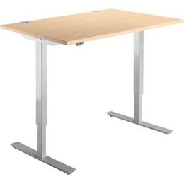 Schreibtisch Start Off, elektrisch höhenverstellbar, Rechteck, T-Fuß, B 1200 x T 800 x H 755-1255 mm, Ahorn/weißaluminium