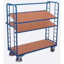 Etagenwagen, Stahl/MDF-Platte, Enzianblau/Buche-Dekor, 3 Etagen, 1355 x 550 mm, Stirnw&auml;nde mit Rundstahlverstrebung, EasySTOP, bis 250 kg