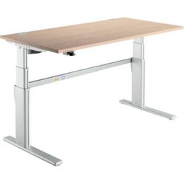 Schreibtisch Komfort, elektrisch h&ouml;henverstellbar, Rechteck, C-Fu&szlig;, B 1600 x T 800 x H 655-1305 mm, Eiche/wei&szlig;aluminium RAL 9006