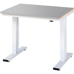Rau Werktisch Adlatus, elektrisch h&ouml;henverstellbar, 25 mm MDF-Platte mit Edelstahlbelag, bis 300 kg, B 1000 x T 800 x H 720-1120 mm, silber/lichtgRau