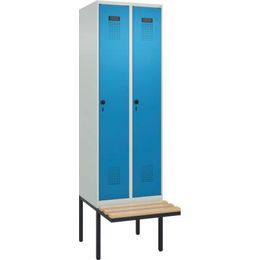Kleiderspind C+P Evolo Plus, 2 Abteile &agrave; 300 mm Breite, schwebende Sitzbank, B 600 x T 815 x H 2120 mm, Drehriegel, lichtblau/lichtgrau