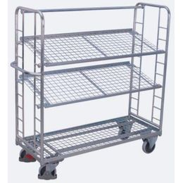 Etagenwagen, Stahl/Drahtgitter, silber, 3 Etagen, 1400 x 550 mm, 2 Stirnwände mit Rundstahlverstrebung, EasySTOP, bis 250 kg