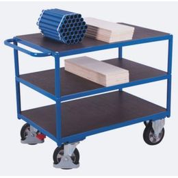 Sch&auml;fer Shop Schwerlast-Tischwagen, Stahl/Siebdruckplatte, Enzianblau/Dunkelbraun, 3 Etagen, L 995 x B 700 mm, Vollgummi-Rollen mit EasySTOP, bis 1000 kg