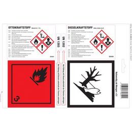Haftetiketten f&uuml;r Kanister mit Ottokraftstoff & Dieselkraftstoff, GHS/CLP-konform, 1 Bogen mit 4 Etiketten, wei&szlig;gl&auml;nzend/rot/schwarz