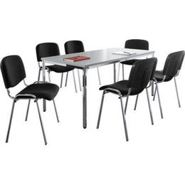 Sparset Stapelstuhl ISO Basic, 4-Fu&szlig;gestell, stapelbar bis 12 St&uuml;ck, Bezug schwarz, 6 St&uuml;ck + Konferenztisch f&uuml;r bis zu 6 Personen, B 1600 x T 800 x H 720 mm