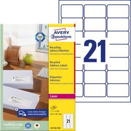 Avery Zweckform Adressetiketten LR7160-100, geeignet f&uuml;r Laserdrucker, 63,5 x 38,1 mm, 2100 St&uuml;ck/100 A4-Bogen, Blauer Engel, Recyclingpapier, naturwei&szlig;