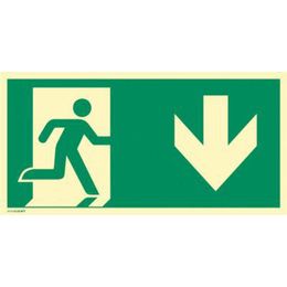 moedel Fluchtwegzeichen "Notausgang rechts Pfeil unten", nach ISO 7010 E002, Folie selbstklebend, langnachleuchtend, B 297 x H 148 mm