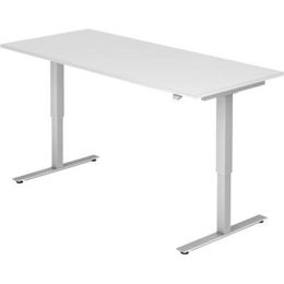 Schreibtisch ULM, elektrisch h&ouml;henverstellbar, Rechteck, T-Fu&szlig;, B 1800 x T 800 x H 720-1190 mm, wei&szlig;/alusilber + Kabelwanne