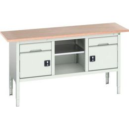 Kastenwerkbank Bott verso, Multiplex-Platte, 2 Schubladen, 1 Ablageboden, 2 T&uuml;ren, B 1750 x T 600 x H 830 - 930 mm, Lichtgrau