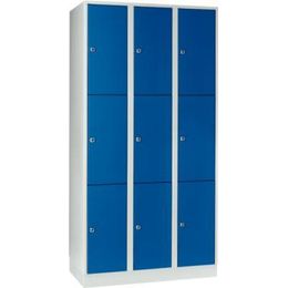 Wertfachschrank 300 mm, 3 Abteile, 9 F&auml;cher, Sicherheitszylinderschloss, Sockel, enzianblau